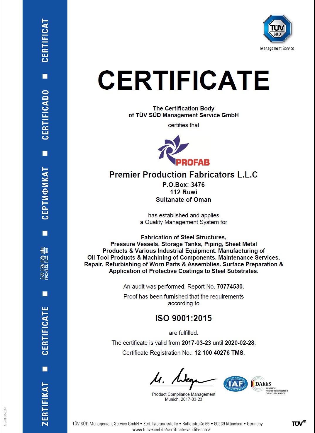 ISO 9001:2015 – PROFAB